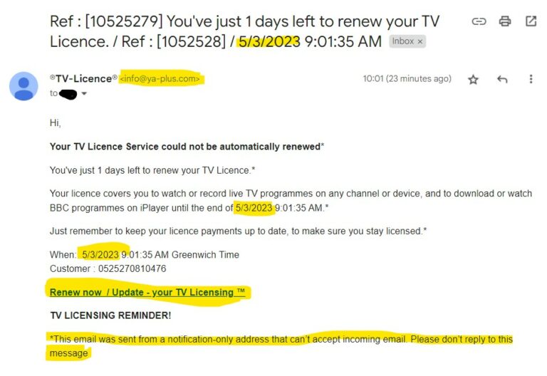 UK TV Licensing Scam - "You've just 1 days left to renew your TV ...